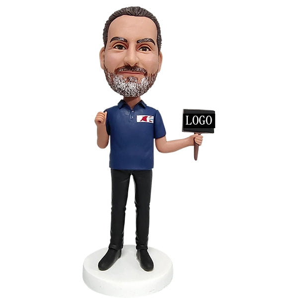 Custom Bobblehead holding sign/logo – Bobbleheadcustom.ca